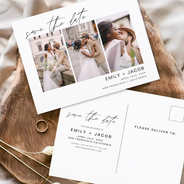 Save the Date 3 Photo Elegant Editable Postcard | Zazzle
