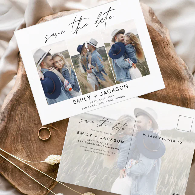 Save the Date 4 Photo Elegant Classy Modern Postcard | Zazzle
