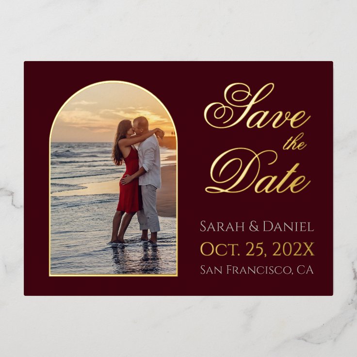 Save the Date Arch Photo Calligraphy Burgundy Gold Foil Invitation ...