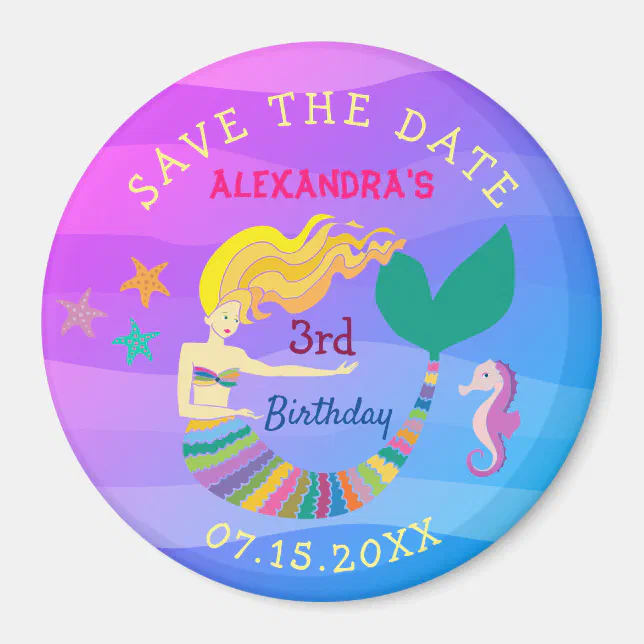 Save The Date Birthday Cute Mermaid Magnet | Zazzle