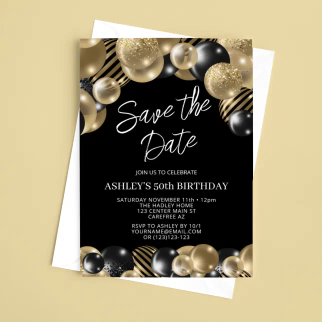 Save the Date Black Gold 50th Birthday Invitation | Zazzle