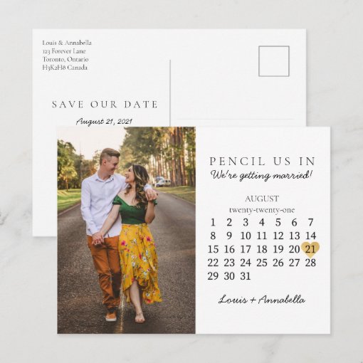 Save the Date Calendar Gold Heart August 2021 Postcard | Zazzle