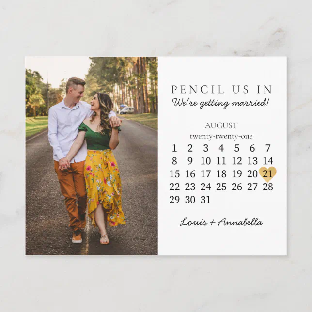 Save the Date Calendar Gold Heart August 2021 Postcard | Zazzle