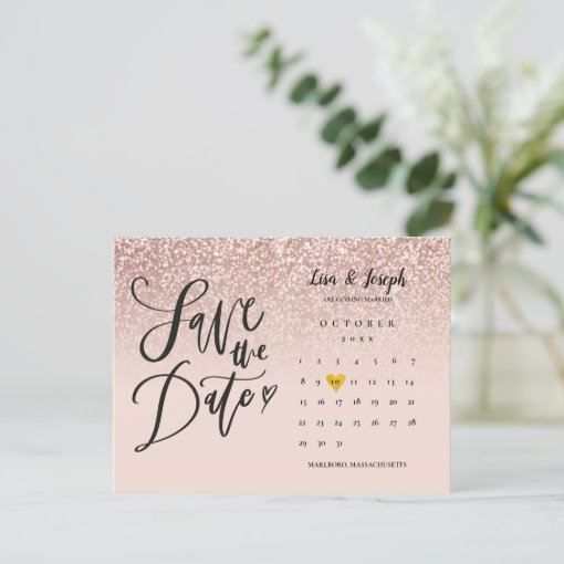 Save the Date Calendar Rose Gold Glitter Ombre Announcement Postcard ...
