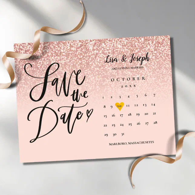 Save the Date Calendar Rose Gold Glitter Ombre Announcement Postcard ...
