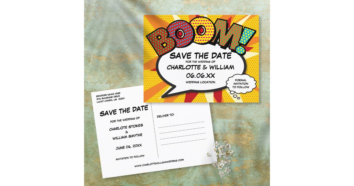 Save the Date Comic Book BOOM Modern Fun Announcement Postcard | Zazzle