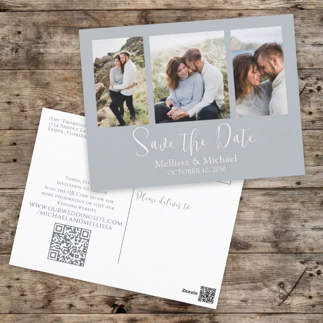Save the Date Dusty Blue Wedding Photo QR Code Postcard | Zazzle