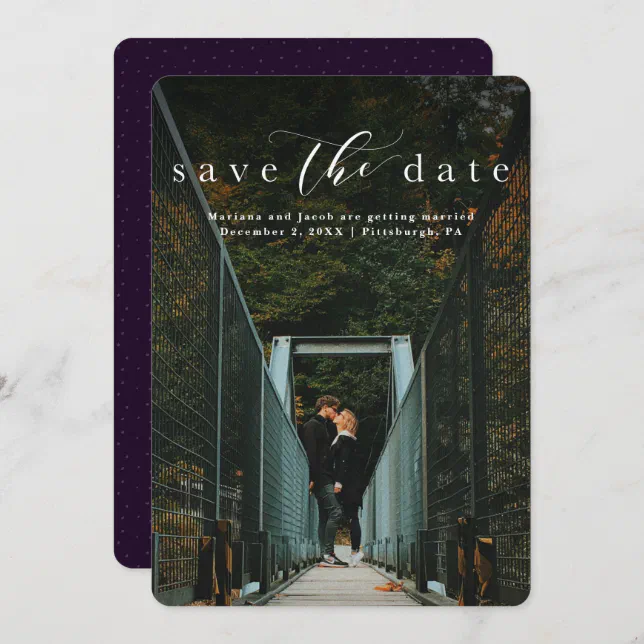 Save the date elegant script vertical photo card | Zazzle