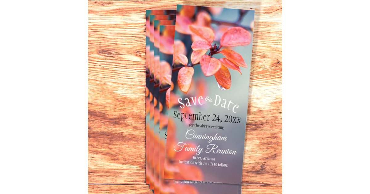 Save The Date Family Reunion Autumn Leaves Bokeh Rack Card | Zazzle