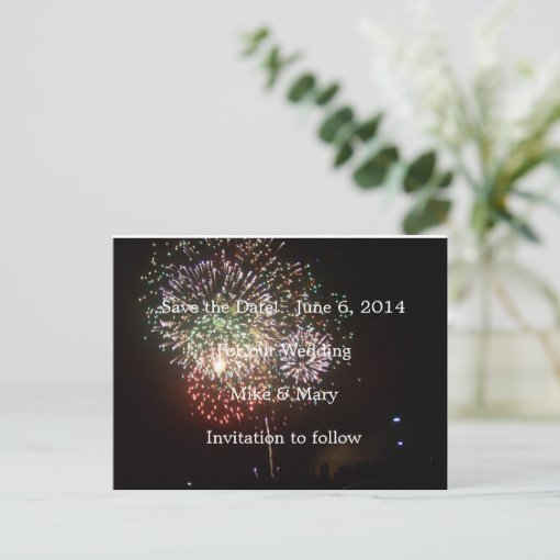 Save the date fireworks announcement postcard | Zazzle