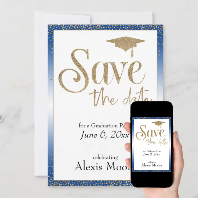 Save the Date for a Graduation Party Gold on Blue Invitation | Zazzle