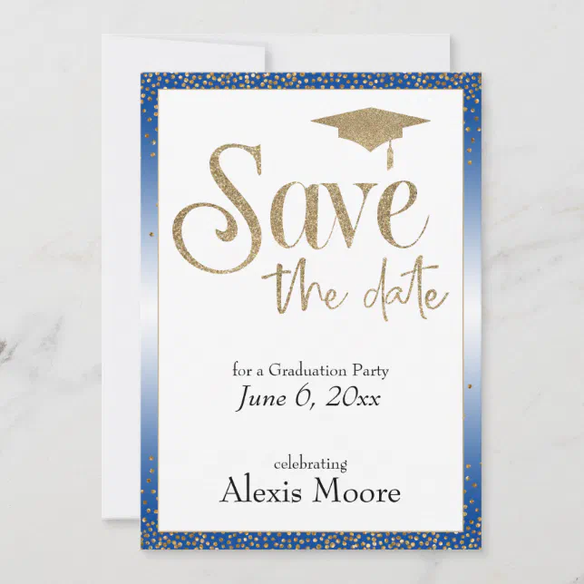 Save the Date for a Graduation Party Gold on Blue Invitation | Zazzle