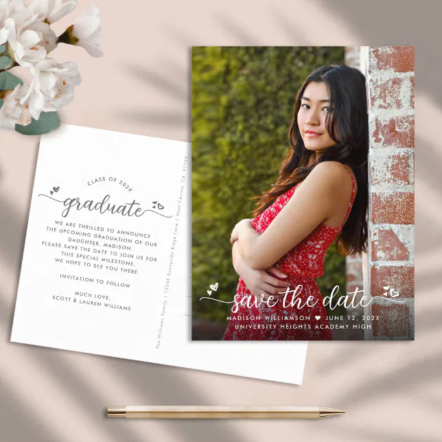 Save the Date Graduation Photo Modern Script Heart Invitation Postcard ...