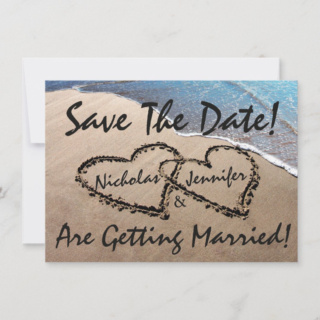 Save The Date Hearts Sand Beach Wedding Invitation | Zazzle
