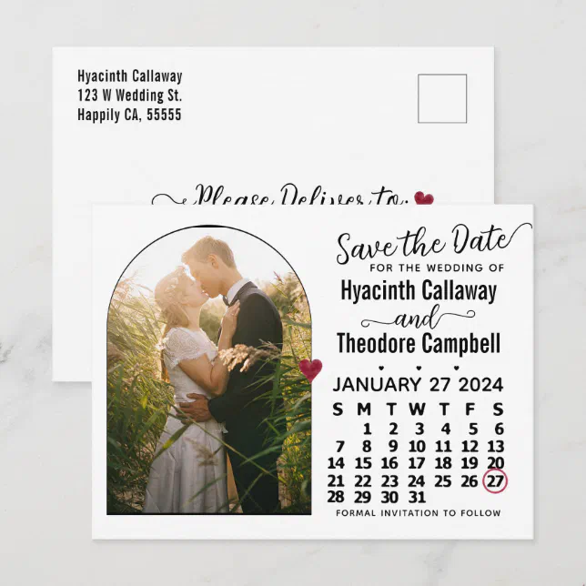 Save the Date January 2024 Calendar Arched Photo Invitation Postcard ...