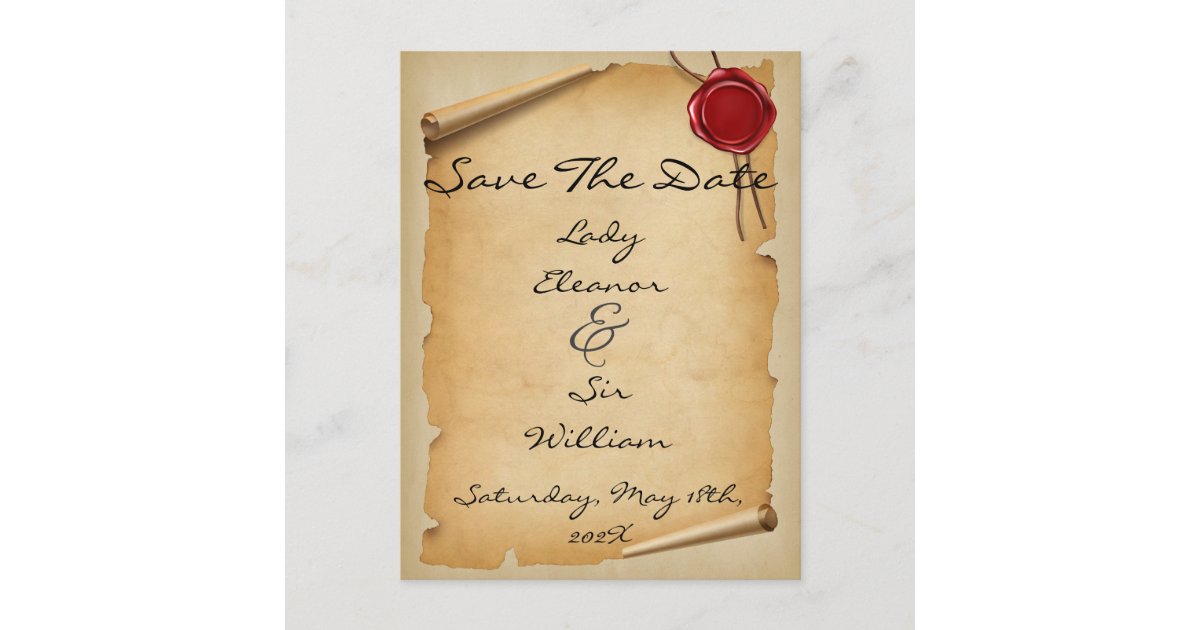 Save The Date Medieval Aged Scroll Wax Seal Postcard | Zazzle