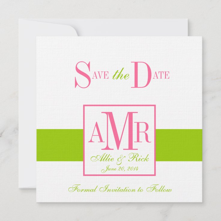 Save the Date Monograms for Weddings Green Pink | Zazzle