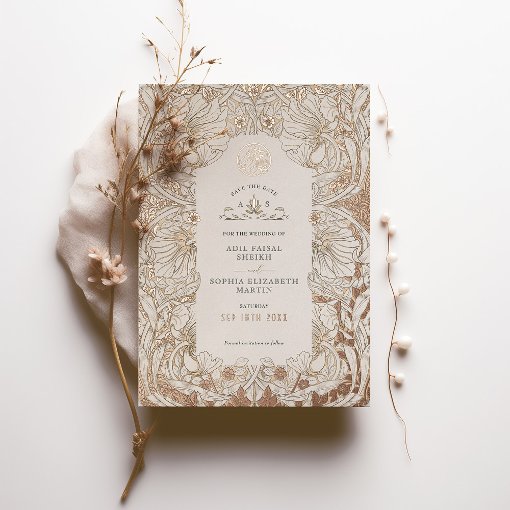 Save the Date Muted White Muslim Islamic Morris Foil Invitation | Zazzle