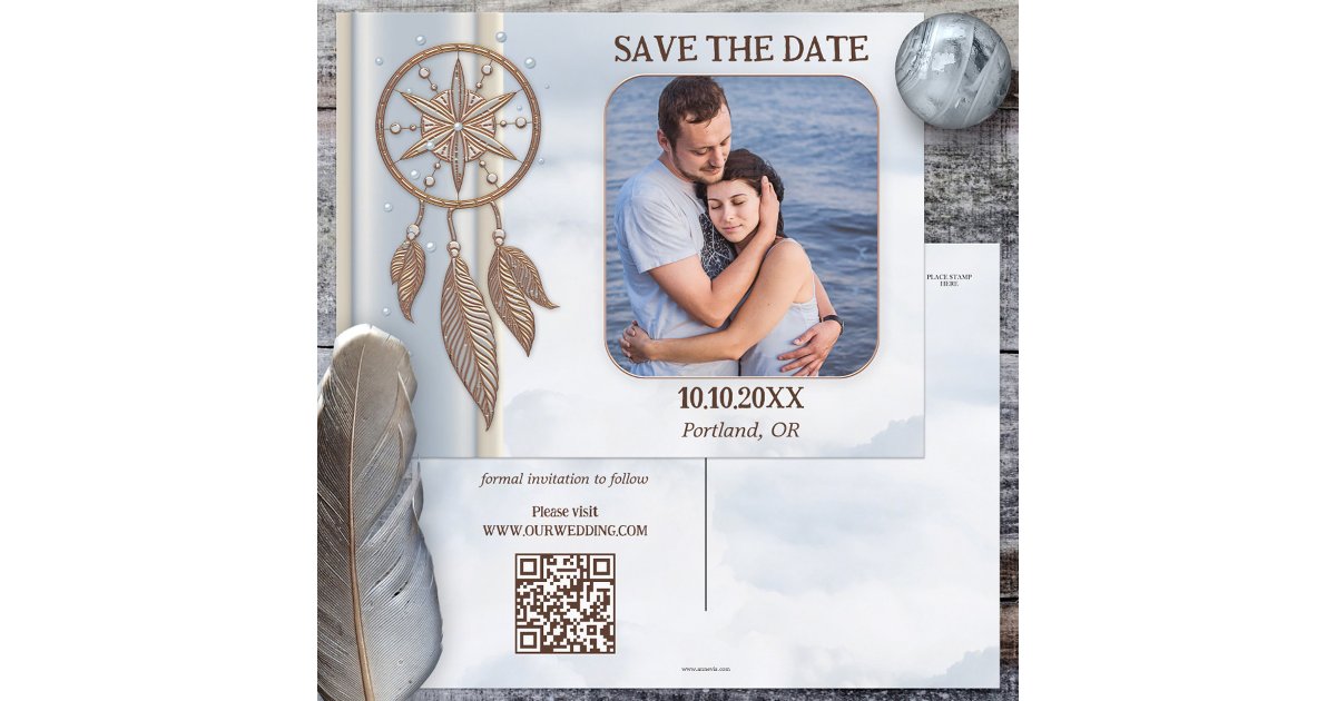 Save the Date Photo QR Code Dreamcatcher Postcard | Zazzle
