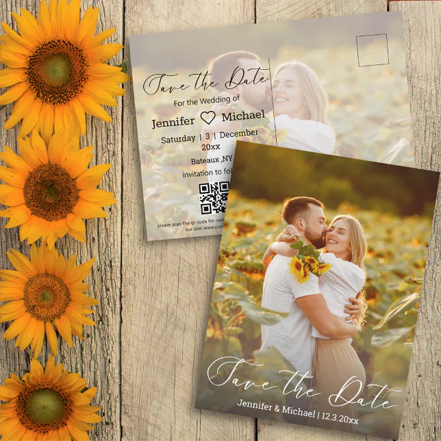 save the date qr code 2 photos modern handwriting announcement postcard ...