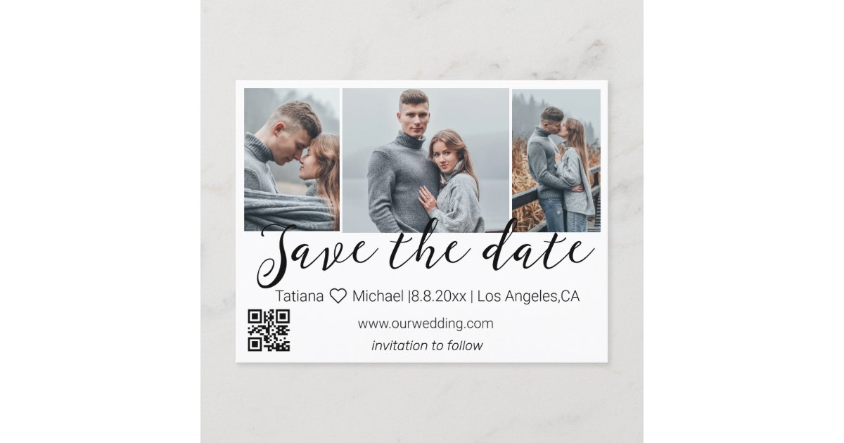 save the date qr code 3 photo collage wedding chic announcement ...