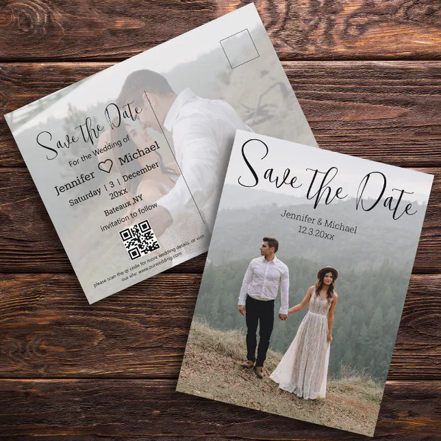 save the date qr code couple 2 photos wedding announcement postcard ...