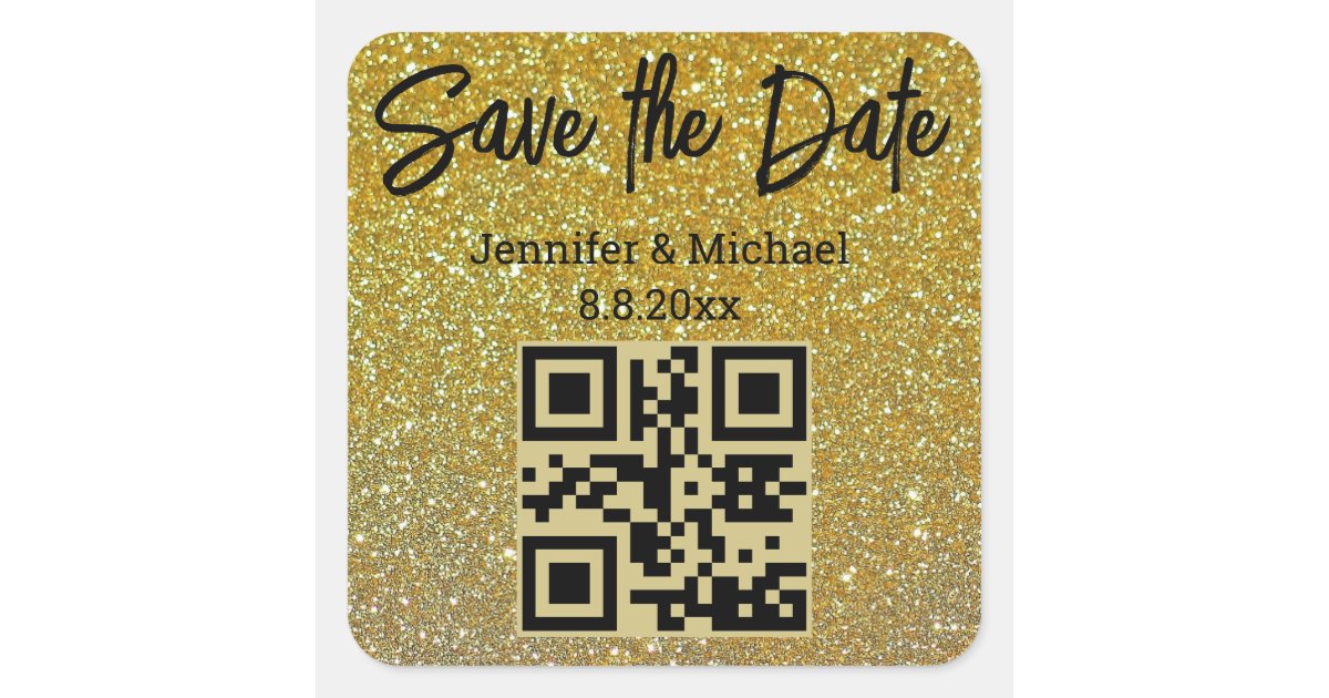 save the date,qr code gold glitters chic wedding square sticker | Zazzle