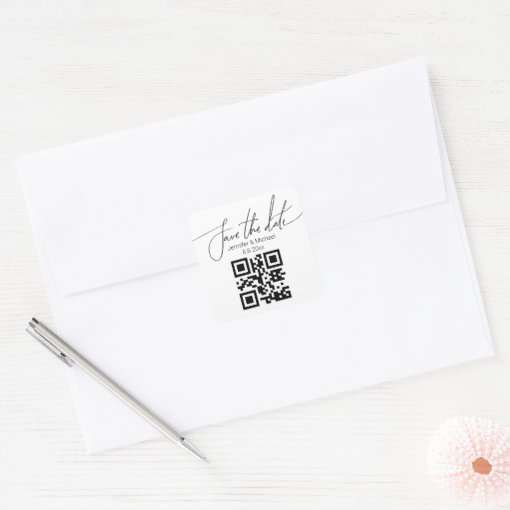 save the date,qr code minimalist wedding trendy square sticker | Zazzle