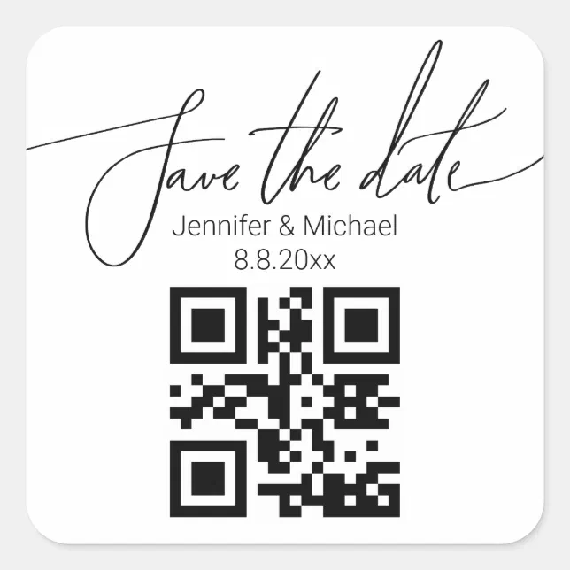 save the date,qr code minimalist wedding trendy square sticker | Zazzle