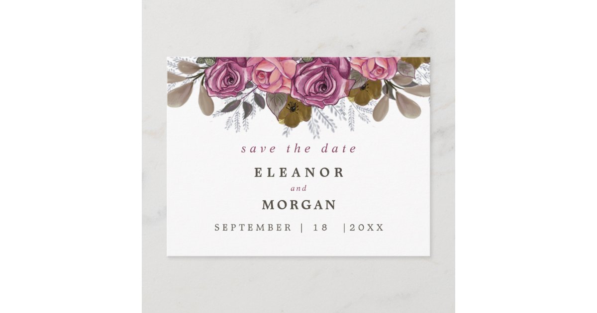 Save The Date red rose purple pink floral wedding Postcard | Zazzle