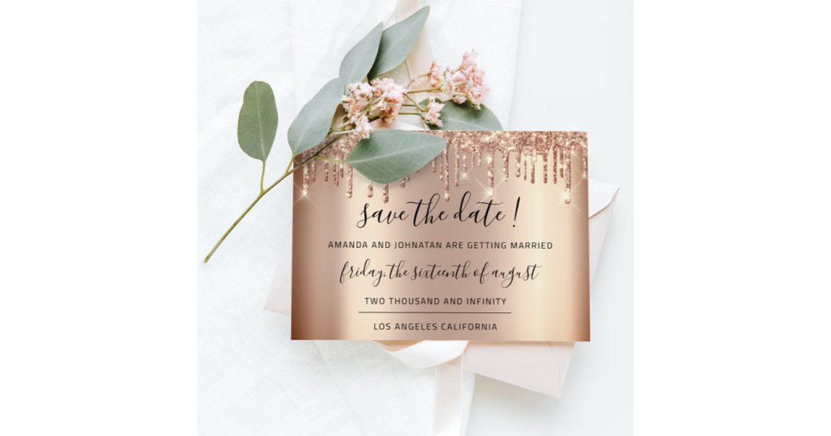 Save The Date Rose Gold Drips Spark Glitter | Zazzle