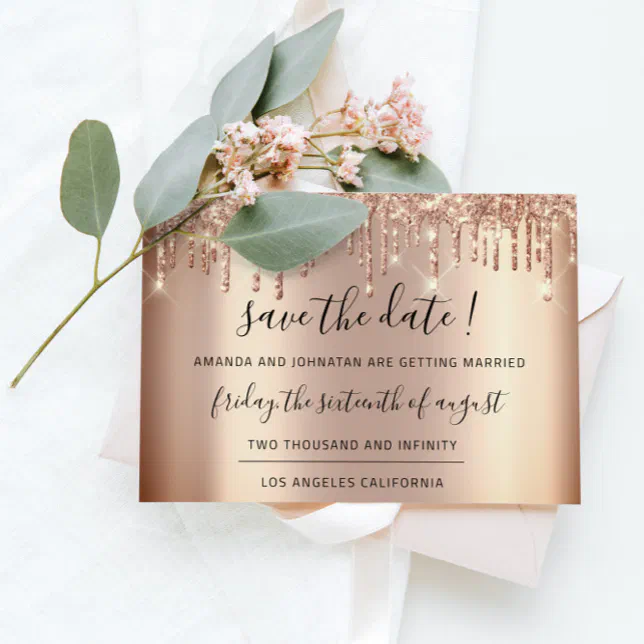 Save The Date Rose Gold Drips Spark Glitter | Zazzle