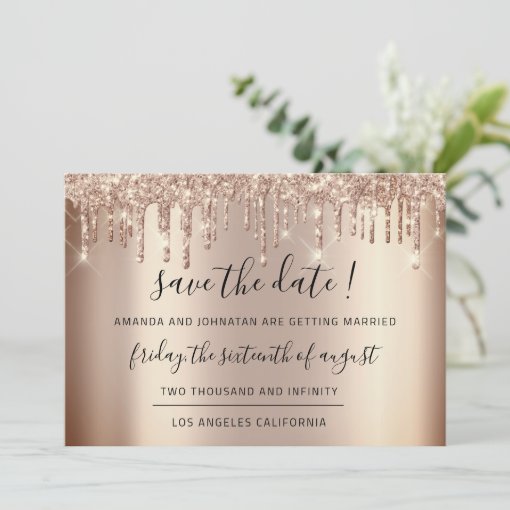 Save The Date Rose Gold Drips Spark Glitter | Zazzle
