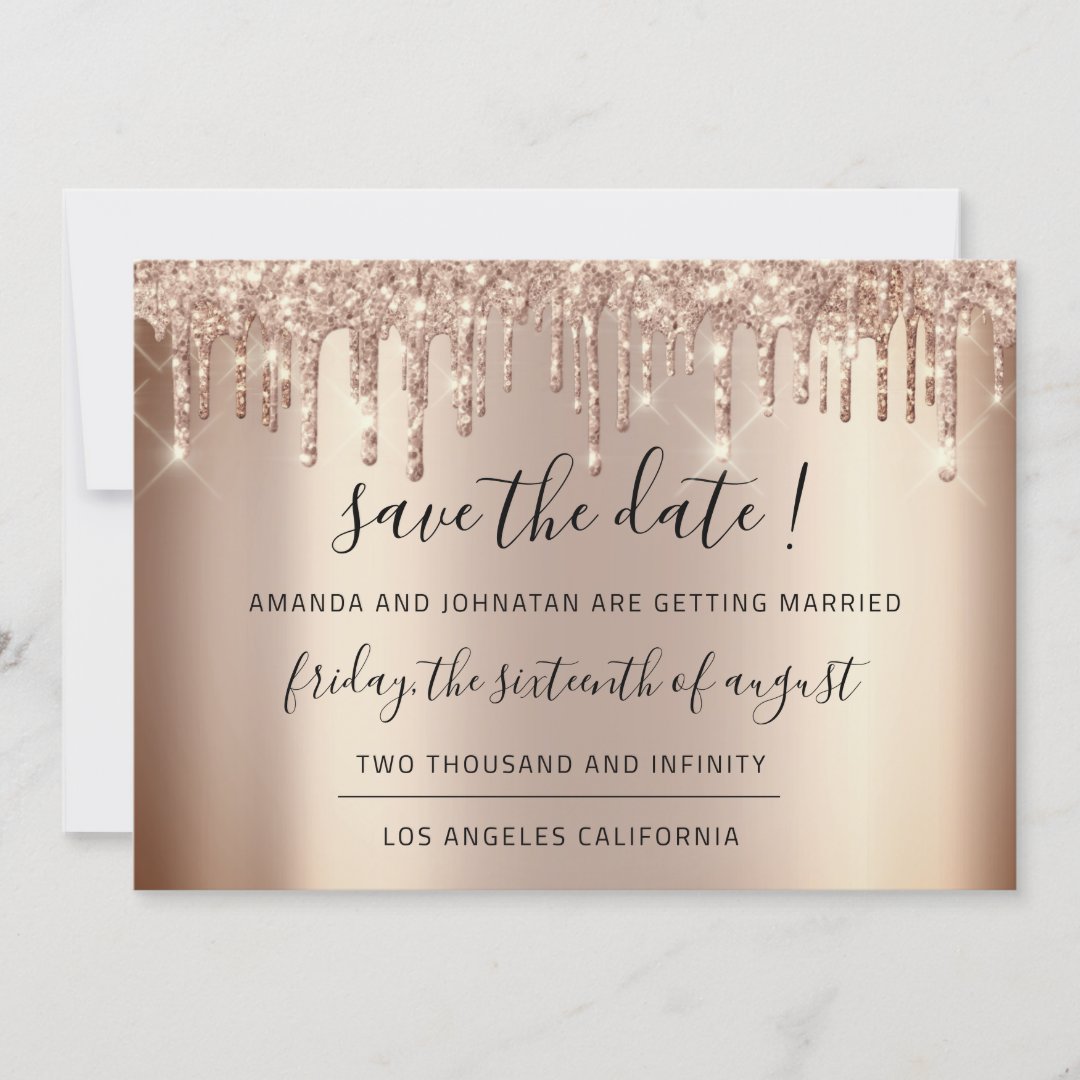 Save The Date Rose Gold Drips Spark Glitter | Zazzle