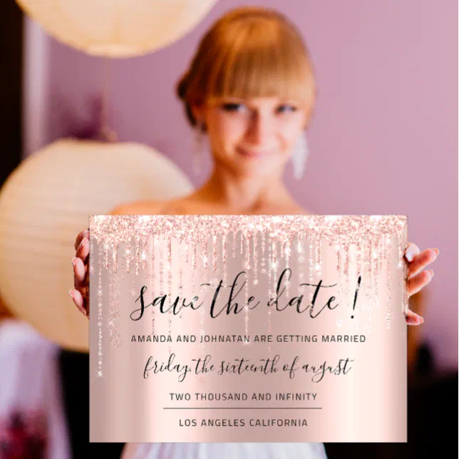 Save The Date Rose Gold Glitter Drips Strings | Zazzle