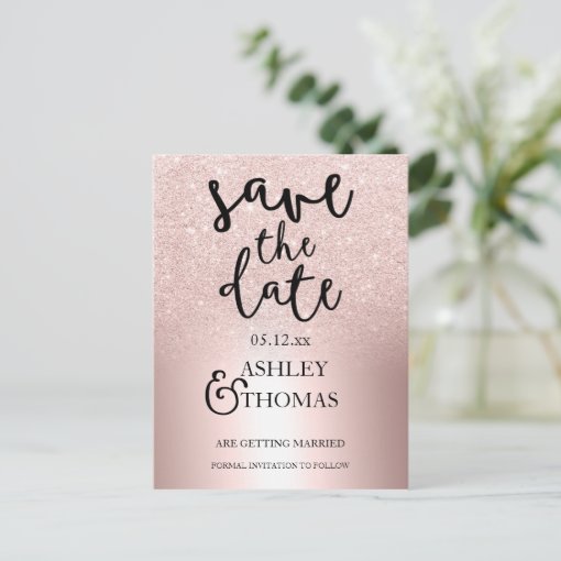 Save the Date Rose gold glitter ombre metallic Announcement Postcard ...