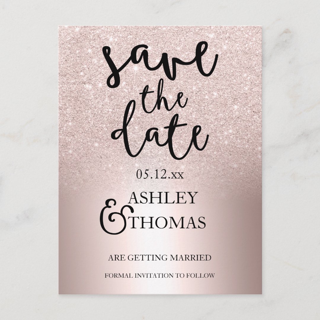 Save the Date Rose gold glitter ombre metallic Announcement Postcard ...