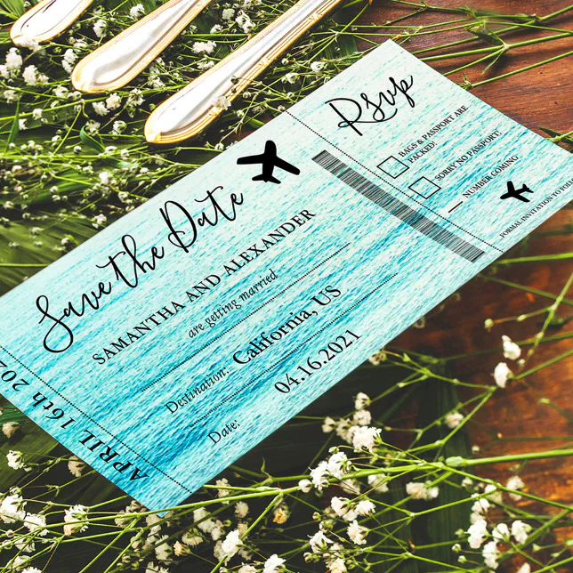 Save the date script beach plane boarding pass | Zazzle
