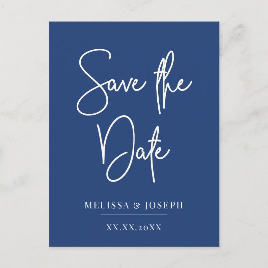 save the date script on classic blue announcement postcard | Zazzle.com
