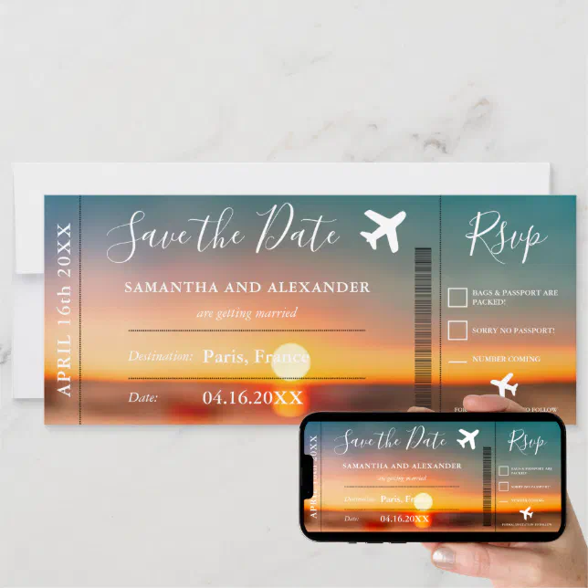 Save the date script sunset plane boarding pass | Zazzle