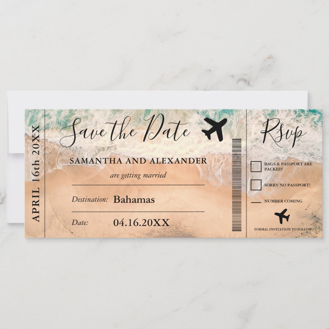 Save the date script tropical plane boarding pass | Zazzle