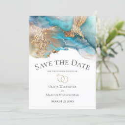 Save the Date Turquoise and Gold Ink Marble Invitation | Zazzle