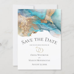 Save the Date Turquoise and Gold Ink Marble Invitation | Zazzle