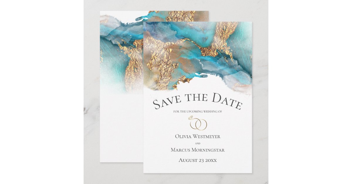 Save the Date Turquoise and Gold Ink Marble Invitation | Zazzle