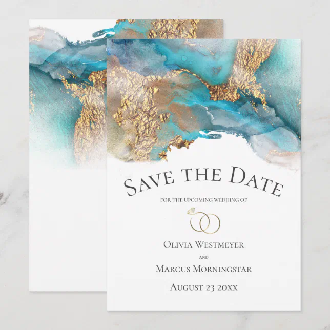Save the Date Turquoise and Gold Ink Marble Invitation | Zazzle