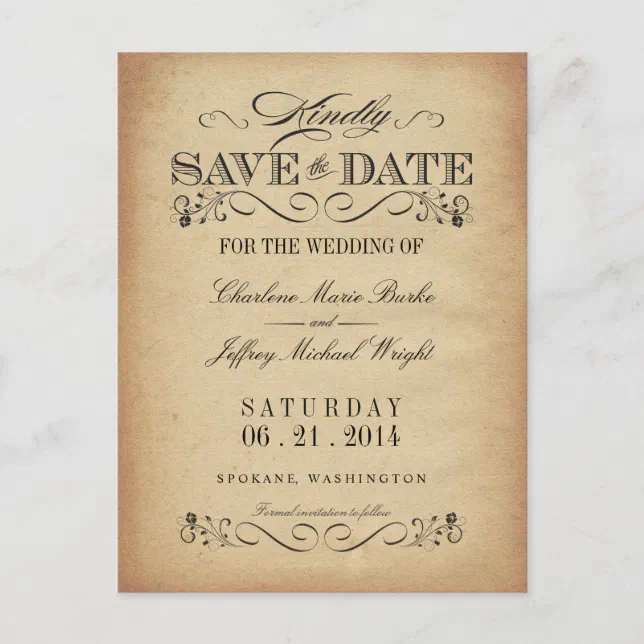 Save the Date Vintage Parchment Postcard | Zazzle