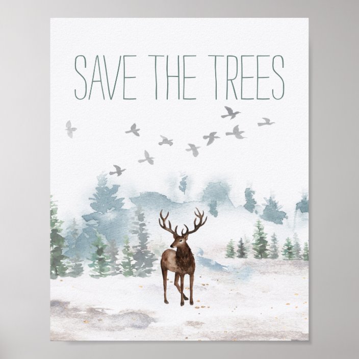 Save The Trees Watercolor Forest Deer Poster | Zazzle.com