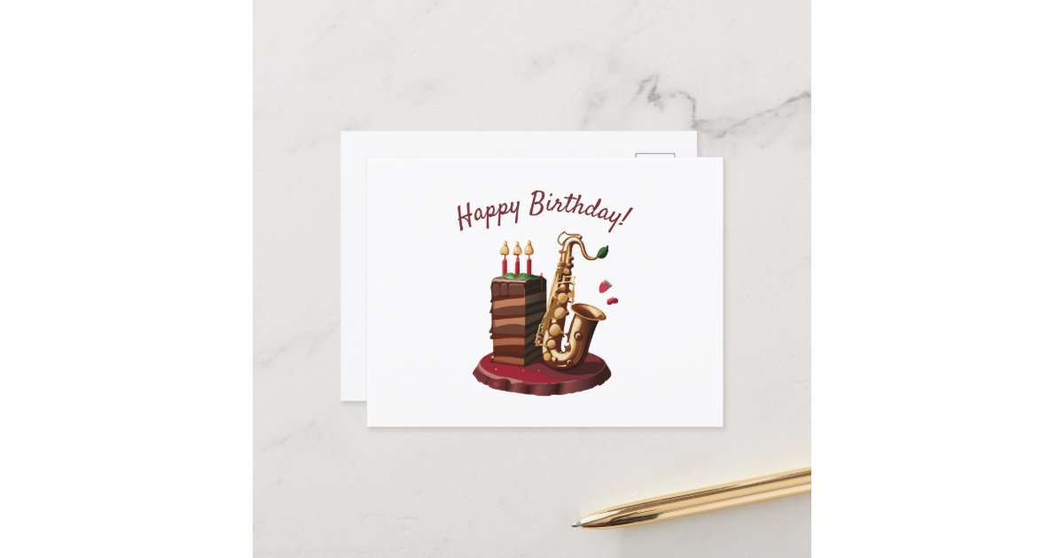 Saxaphone Chocolate Birthday Cake Postcard | Zazzle