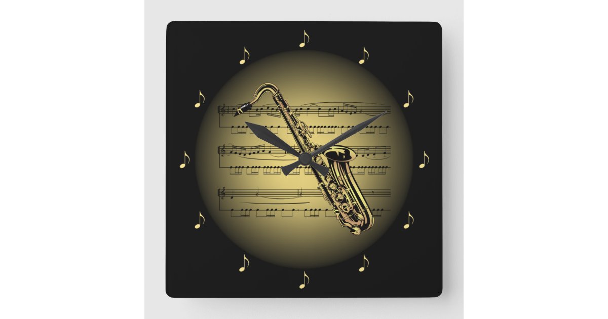 Saxophone 3-D Gold Globe ~ Sheet Music ~ Black BG Square Wall Clock ...