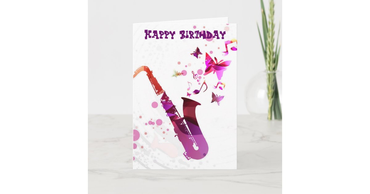 Saxophone cute music and butterflies birthday card | Zazzle